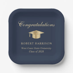 Elegant Grad Cap Blue Gold Graduation Party Paper Plates | Zazzle