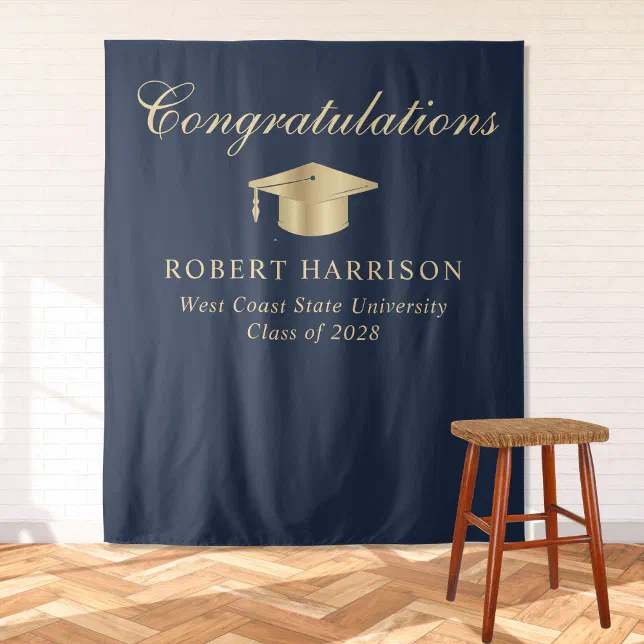 Elegant Grad Cap Blue Gold Graduation Welcome Tapestry | Zazzle