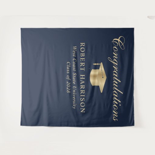 Elegant Grad Cap Blue Gold Graduation Welcome Tapestry | Zazzle