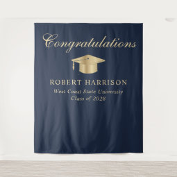Elegant Grad Cap Blue Gold Graduation Welcome Tapestry | Zazzle