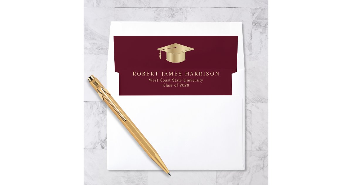 Elegant Grad Cap Burgundy Gold Graduation Envelope Liner | Zazzle