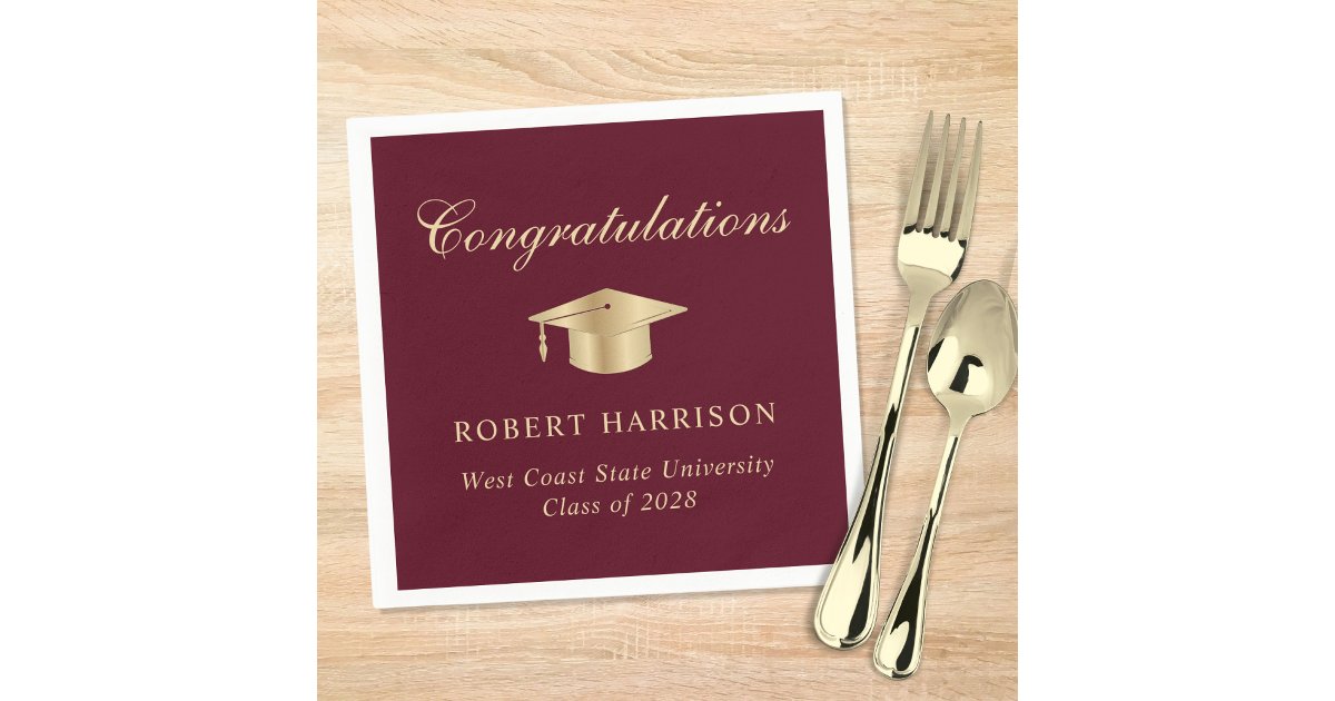 Elegant Grad Cap Burgundy Gold Graduation Party Napkins | Zazzle