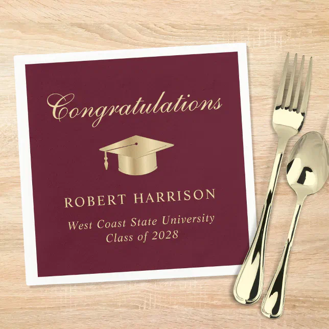 Elegant Grad Cap Burgundy Gold Graduation Party Napkins | Zazzle