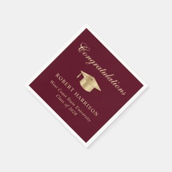 Elegant Grad Cap Burgundy Gold Graduation Party Napkins | Zazzle