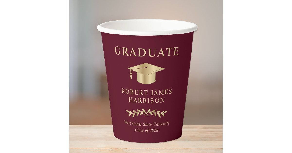 Elegant Grad Cap Burgundy Gold Graduation Party Paper Cups | Zazzle
