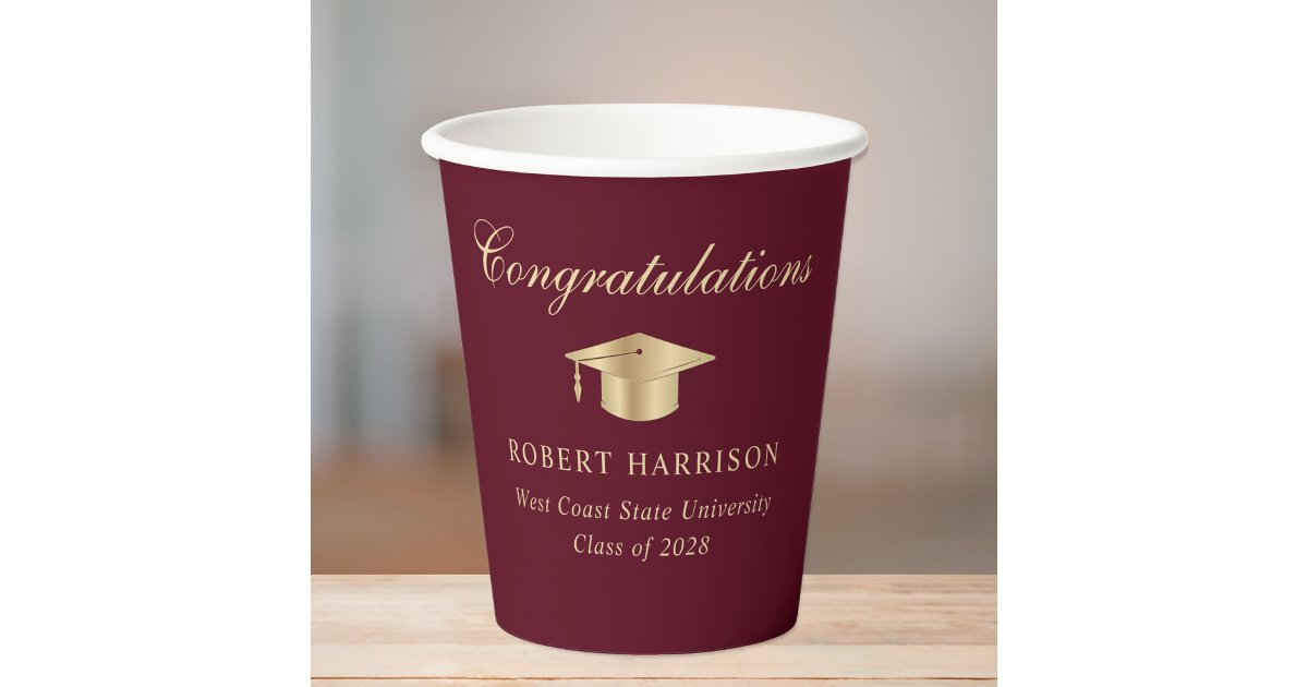 Elegant Grad Cap Burgundy Gold Graduation Party Paper Cups | Zazzle