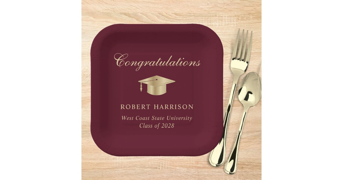 Elegant Grad Cap Burgundy Gold Graduation Party Paper Plates | Zazzle