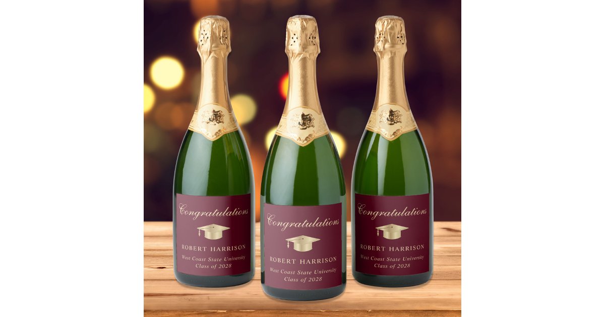 Elegant Grad Cap Burgundy Gold Graduation Party Sparkling Wine Label ...