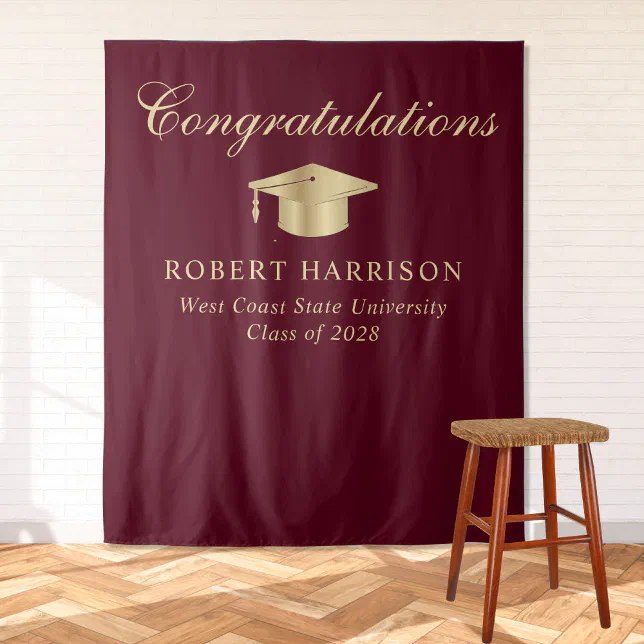 Elegant Grad Cap Burgundy Gold Graduation Welcome Tapestry | Zazzle