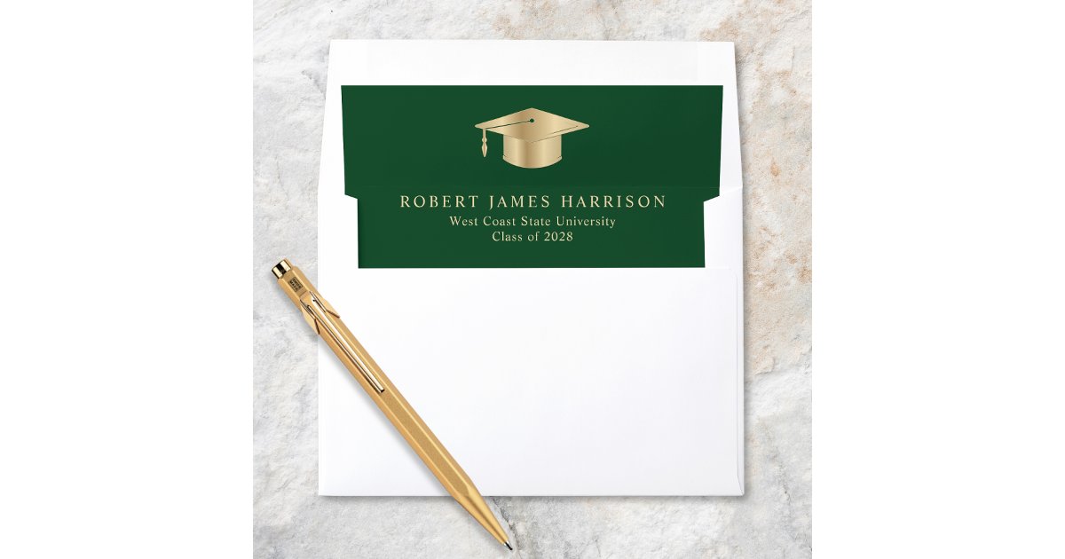 Elegant Grad Cap Green Gold Graduation Envelope Liner | Zazzle