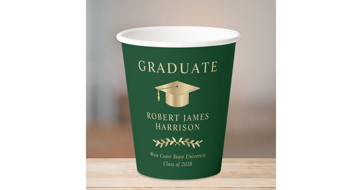 Elegant Grad Cap Green Gold Graduation Party Paper Cups | Zazzle