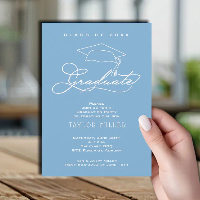 Elegant Grad Cap Powder Blue Graduation Invitation | Zazzle