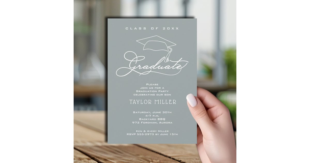 Elegant Grad Cap Silver Gray Graduation Invitation | Zazzle