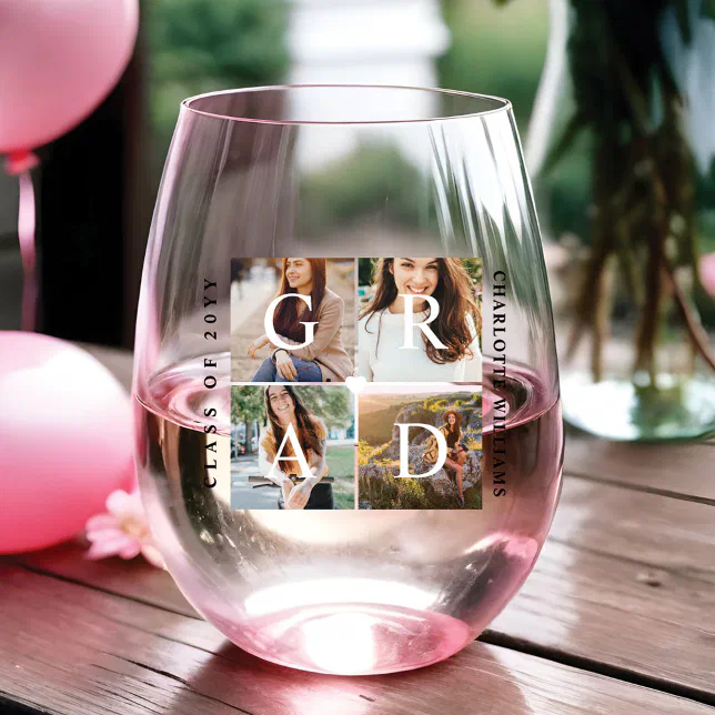 Elegant Grad Graduate Photo Collage Memories Stemless Wine Glass | Zazzle