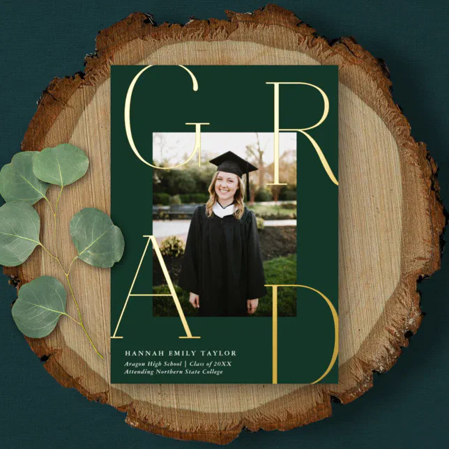 Elegant GRAD Photo Graduation Green + Gold Foil Invitation | Zazzle