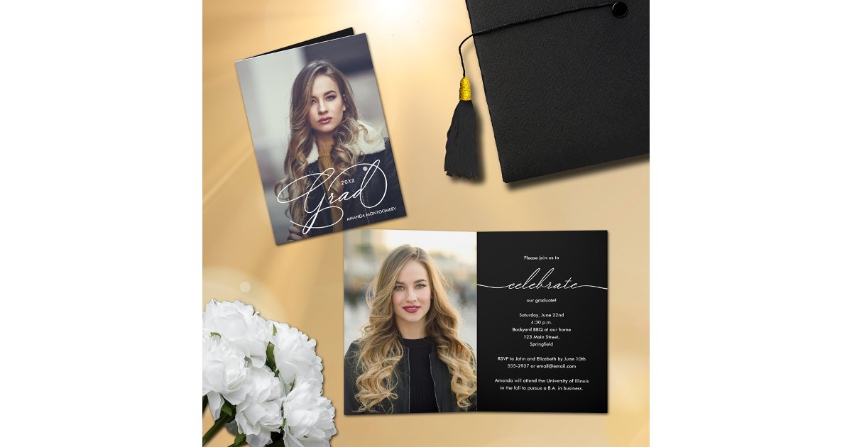 Elegant Grad Script Photo Graduation Small Folded Invitation | Zazzle