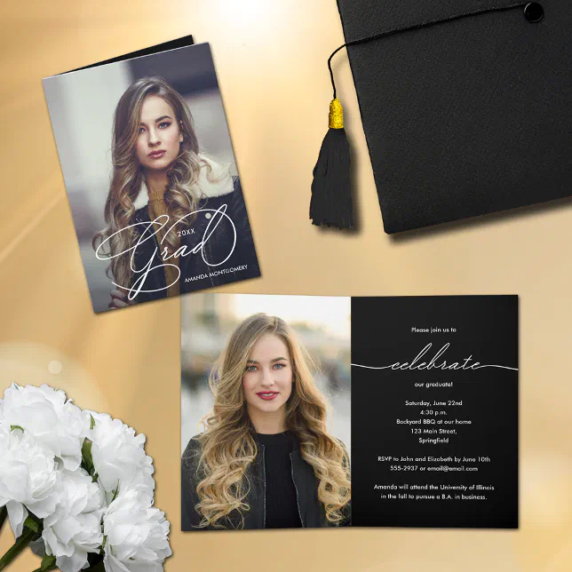 Elegant Grad Script Photo Graduation Small Folded Invitation | Zazzle