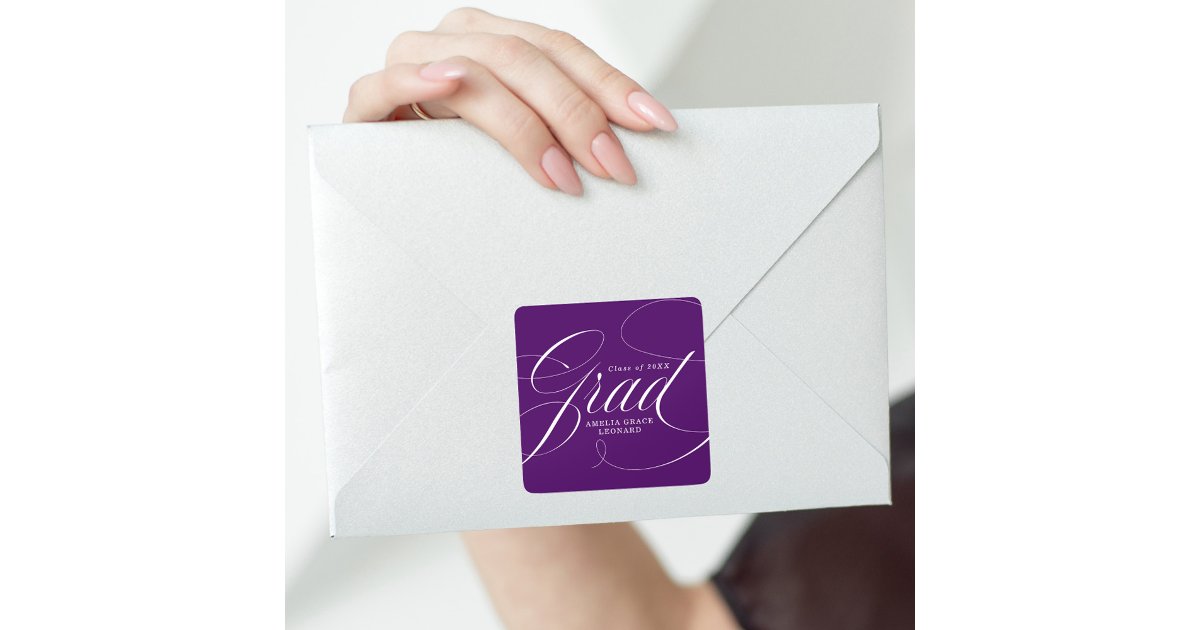 Elegant Grad Script Purple Graduation Square Sticker | Zazzle