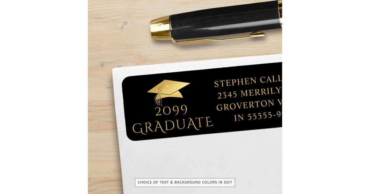 Elegant Graduate Black Gold Cap Return Address Label | Zazzle