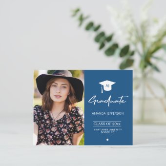Elegant graduate blue photo graduation invitation postcard | Zazzle