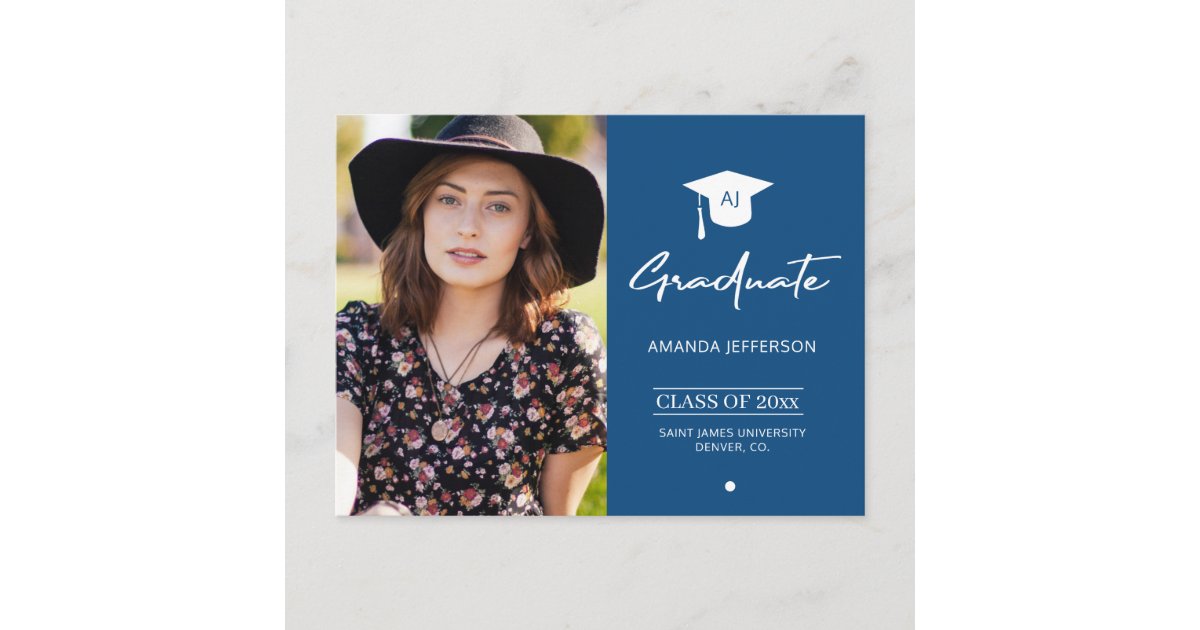 Elegant graduate blue photo graduation invitation postcard | Zazzle
