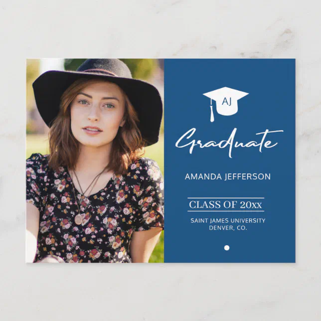 Elegant graduate blue photo graduation invitation postcard | Zazzle