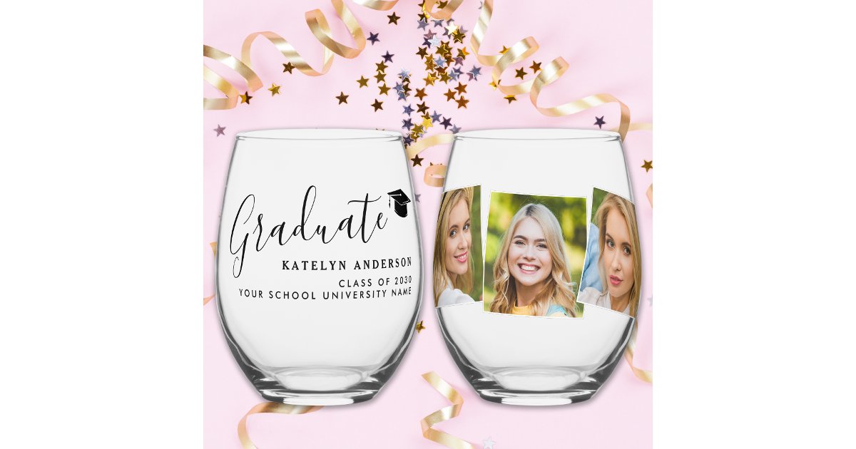 Elegant Graduate Custom 3 Photo Graduation Stemless Wine Glass | Zazzle
