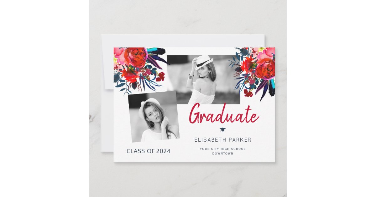 Elegant graduate photo collage floral graduation announcement | Zazzle