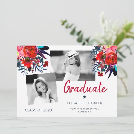 Elegant graduate photo collage floral graduation announcement | Zazzle