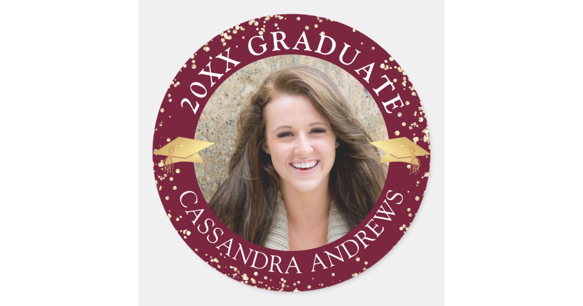 Elegant Graduate Photo Maroon Gold Cap Classic Round Sticker | Zazzle