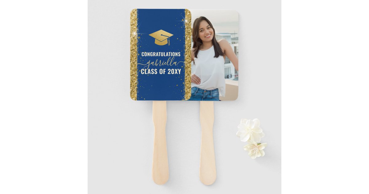 Elegant Graduation Custom Photo Blue Gold Hand Fan | Zazzle