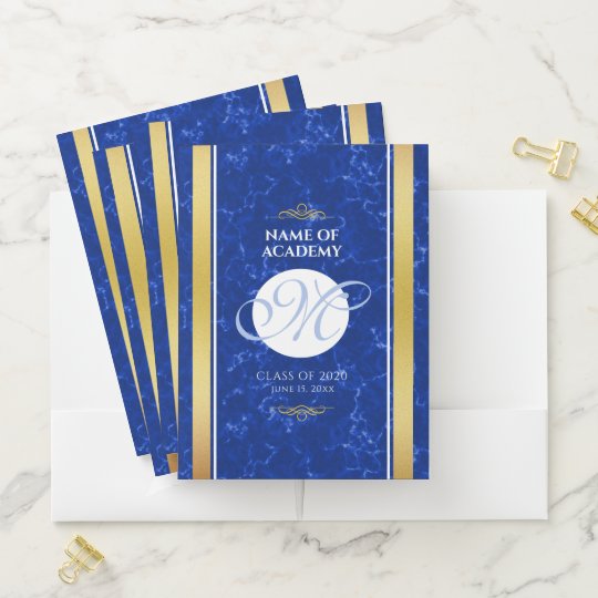 Elegant Graduation Monogram Blue Marble Gold Foil Pocket Folder ...