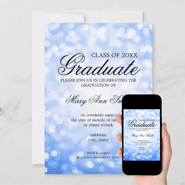 Elegant Graduation Party Blue Glitter Lights Invitation | Zazzle
