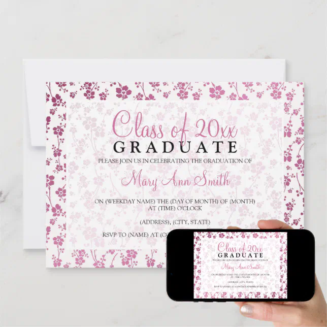 Elegant Graduation Party Floral Pattern Pink Invitation | Zazzle