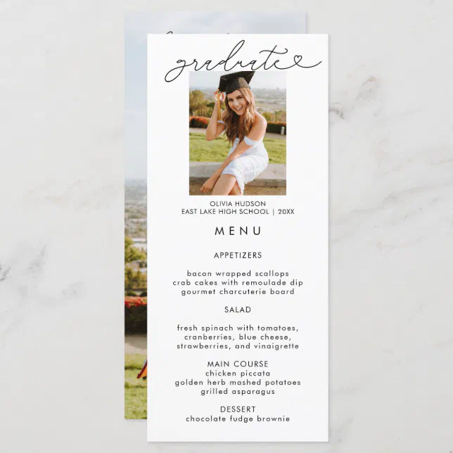 Elegant Graduation Photo Calligraphy Menu Card | Zazzle