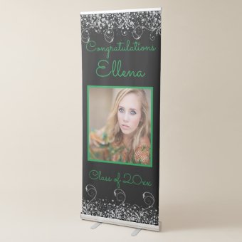 Elegant Graduation Silver Glitter Black & Green Retractable Banner | Zazzle