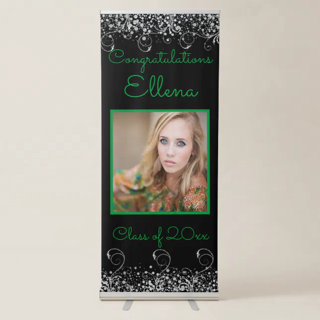 Elegant Graduation Silver Glitter Black & Green Retractable Banner | Zazzle