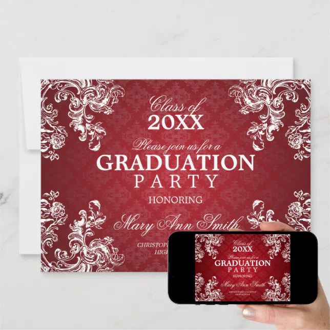 Elegant Graduation Vintage Royal Scroll Red Invitation | Zazzle