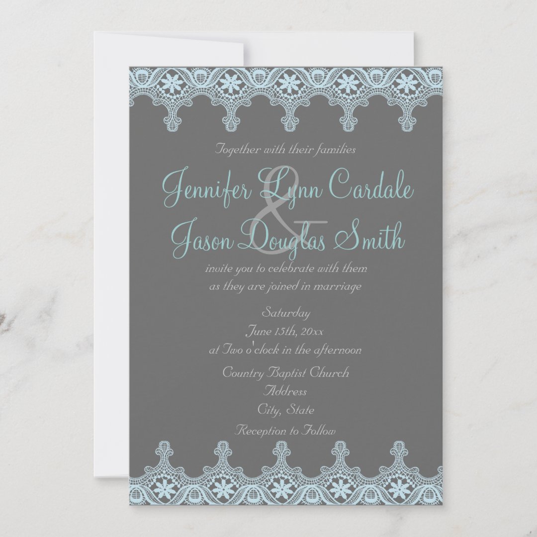 Elegant Gray and Blue Lace Wedding Invitations | Zazzle