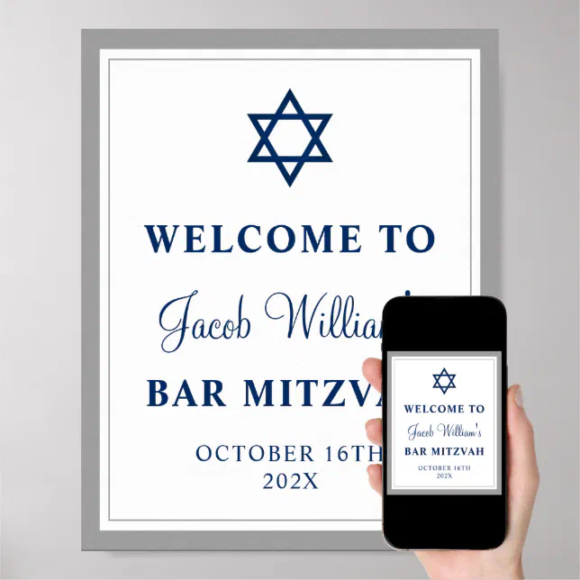 Elegant Gray and Navy Blue Bar Mitzvah Welcome Poster | Zazzle