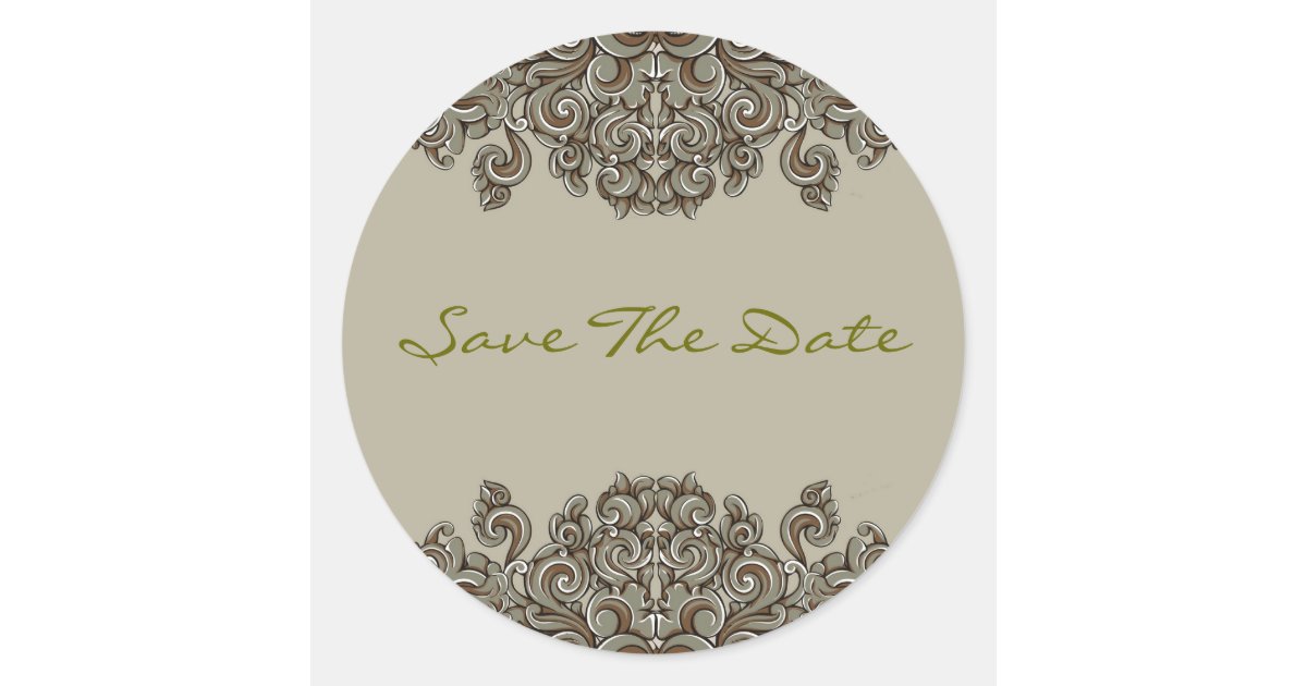 Elegant Gray AndBeige Victorian Floral Swirls Classic Round Sticker ...