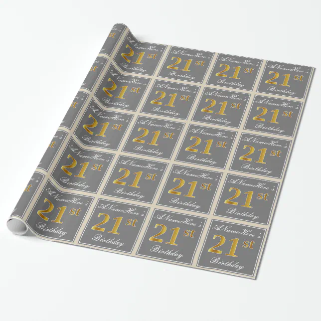 Elegant, Gray, Faux Gold 21st Birthday + Name Wrapping Paper | Zazzle