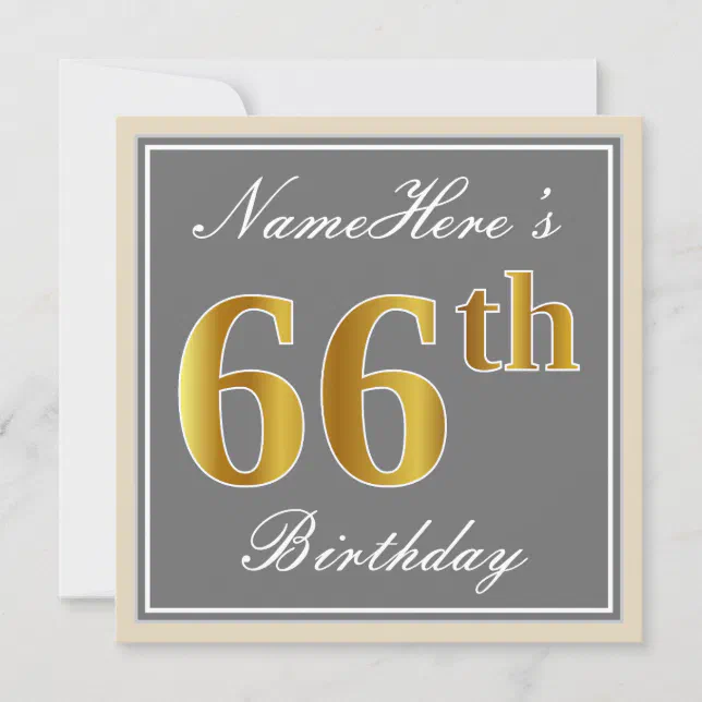 Elegant, Gray, Faux Gold 66th Birthday + Name Invitation | Zazzle