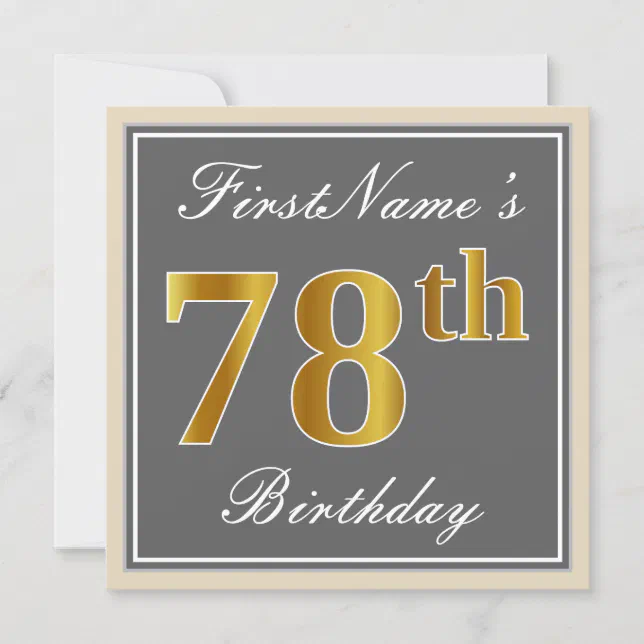Elegant, Gray, Faux Gold 78th Birthday + Name Invitation | Zazzle