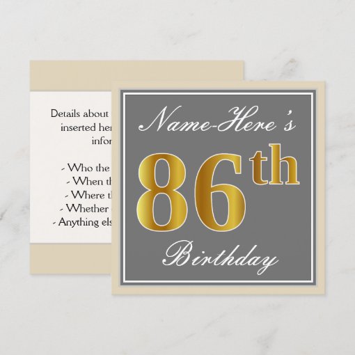 Elegant, Gray, Faux Gold 86th Birthday + Name Invitation | Zazzle