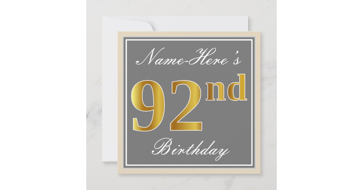 Elegant, Gray, Faux Gold 92nd Birthday + Name Invitation | Zazzle