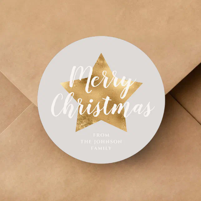Elegant Gray Gold Star Christmas Classic Round Sticker | Zazzle