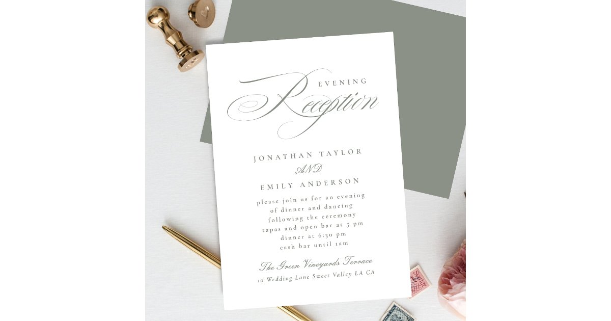 Elegant Gray Green Calligraphy Wedding Reception Enclosure Card | Zazzle