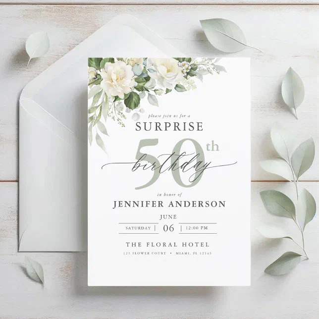 Elegant Gray Green Floral Surprise Birthday Invitation | Zazzle
