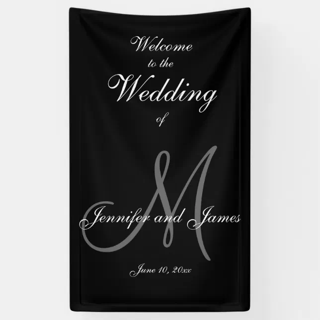 Elegant Gray M Initial and Names Wedding Banner | Zazzle